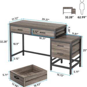 Tribesigns Computer Desk with 5 Drawers, Home Office Desks with Reversible Drawer Cabinet Printer Stand, Industrial PC Desk with Storage, Grey Study Writing Table Workstation for Small Spaces