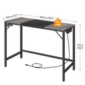 HOOBRO Computer Desk, Home Office Desk with Power Outlet, Modern Study Writing Desk with 3 Hooks for Study Room, Home Office, Sturdy and Stable, Easy to Assemble, Charcoal Gray and Black BC41UDN01