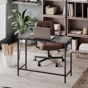 HOOBRO Computer Desk, Home Office Desk with Power Outlet, Modern Study Writing Desk with 3 Hooks for Study Room, Home Office, Sturdy and Stable, Easy to Assemble, Charcoal Gray and Black BC41UDN01