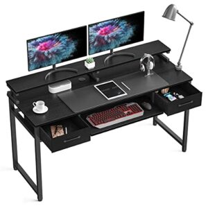 odk computer desk study table, 55 inch office desk with drawers and keyboard tray, study desk work desk with monitor shelf, writing desk with storage for home office, black