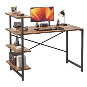 cubicubi small computer desk with shelves, 47 inch reversible home office desk with 3 tier storage bookshelf, study writing office table, rustic brown