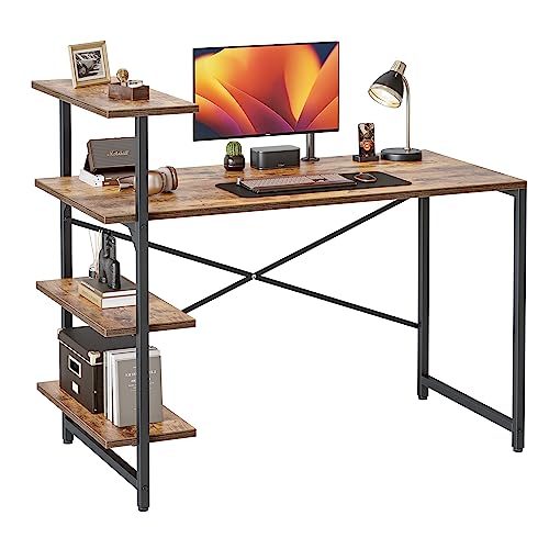 CubiCubi Small Computer Desk with Shelves, 47 Inch Reversible Home Office Desk with 3 Tier Storage Bookshelf, Study Writing Office Table, Rustic Brown