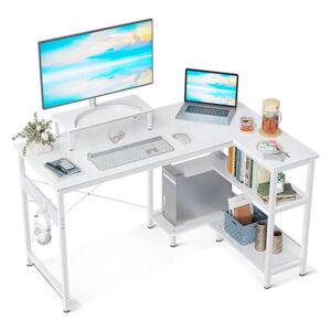 odk 47 inch small l shaped computer desk with reversible storage shelves, l-shaped corner desk with monitor stand for small space, modern simple writing table for home office workstation, white