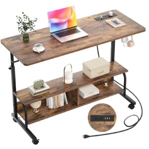 height adjustable standing desk with power outlets, 47" manual stand up desk with storage shelves small mobile rolling computer desk portable laptop table with wheels for home office, rustic