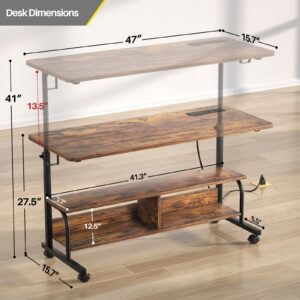 Height Adjustable Standing Desk with Power Outlets, 47" Manual Stand Up Desk with Storage Shelves Small Mobile Rolling Computer Desk Portable Laptop Table with Wheels for Home Office, Rustic