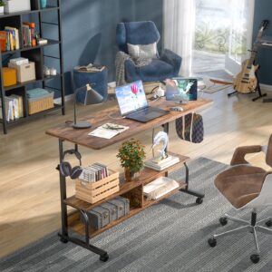 Height Adjustable Standing Desk with Power Outlets, 47" Manual Stand Up Desk with Storage Shelves Small Mobile Rolling Computer Desk Portable Laptop Table with Wheels for Home Office, Rustic