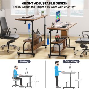 Height Adjustable Standing Desk with Power Outlets, 47" Manual Stand Up Desk with Storage Shelves Small Mobile Rolling Computer Desk Portable Laptop Table with Wheels for Home Office, Rustic