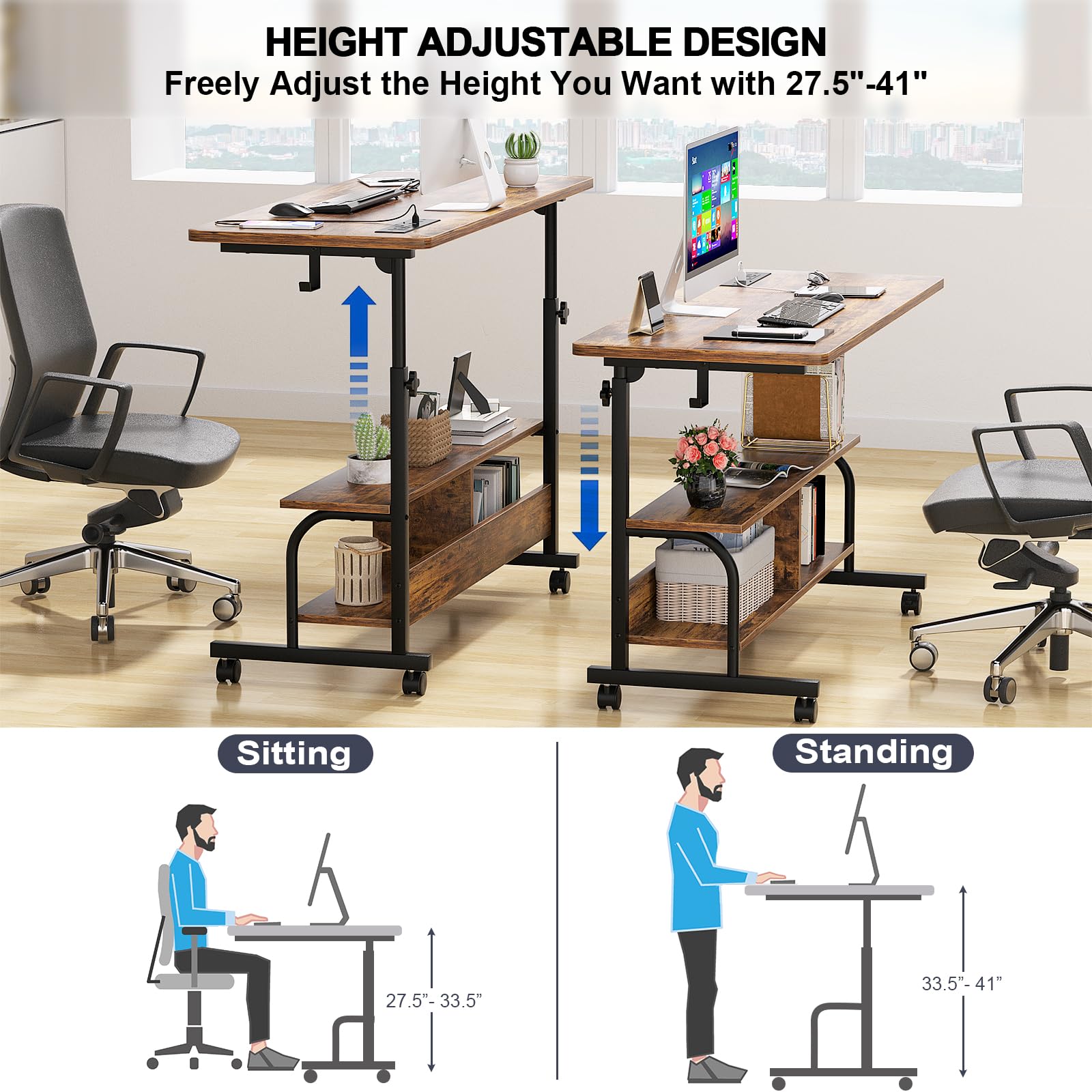 Height Adjustable Standing Desk with Power Outlets, 47" Manual Stand Up Desk with Storage Shelves Small Mobile Rolling Computer Desk Portable Laptop Table with Wheels for Home Office, Rustic