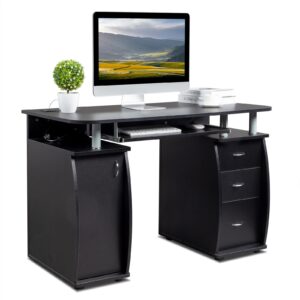 karl home mdf computer desk with strip socket, home office desk writing desk, office table with 3 drawers and storage cabinet for studio, apartment, coffee, black