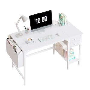 lufeiya white small desk with drawers - 40 inch computer desk for small space home office, modern simple study writing table pc desks