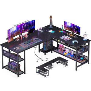 odk 59" l shaped desk with power outlet and usb charging ports, reversible l shaped computer desk with storage shelves, home office desk, gaming desk, corner desk, black