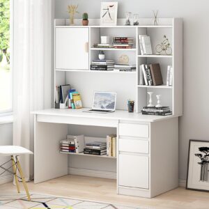 modern home office desk with storage shelf, writing desk table study desk workstation with hutch and bookshelf,computer desk pc laptop desk with shelves(120x45x163cm(47x18x64), white)