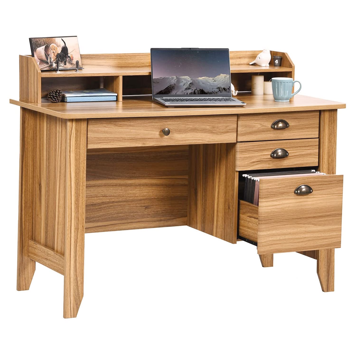 Catrimown Computer Desk with Drawers and Hutch, Farmhouse Home Office Desk Writing Table Wood Executive Desk Student Desk with File Drawer for Small Space, Bedroom, Rustic Oak