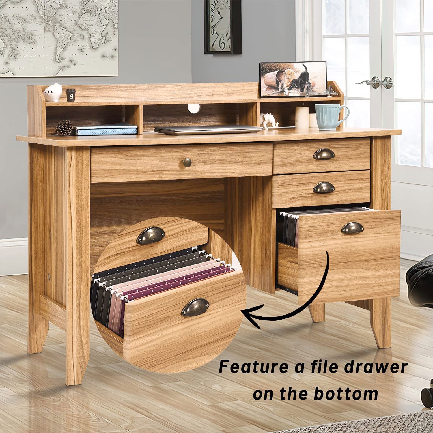 Catrimown Computer Desk with Drawers and Hutch, Farmhouse Home Office Desk Writing Table Wood Executive Desk Student Desk with File Drawer for Small Space, Bedroom, Rustic Oak