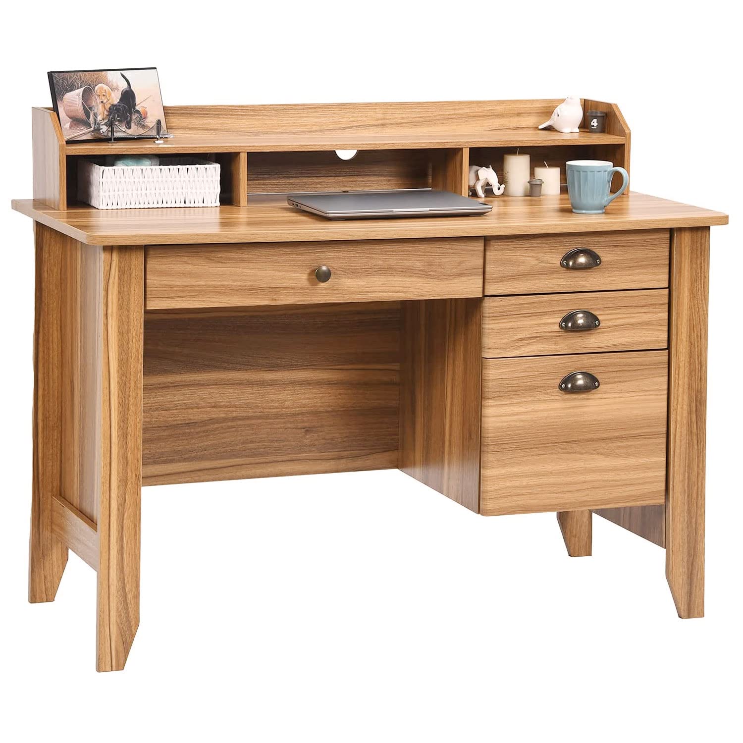 Catrimown Computer Desk with Drawers and Hutch, Farmhouse Home Office Desk Writing Table Wood Executive Desk Student Desk with File Drawer for Small Space, Bedroom, Rustic Oak