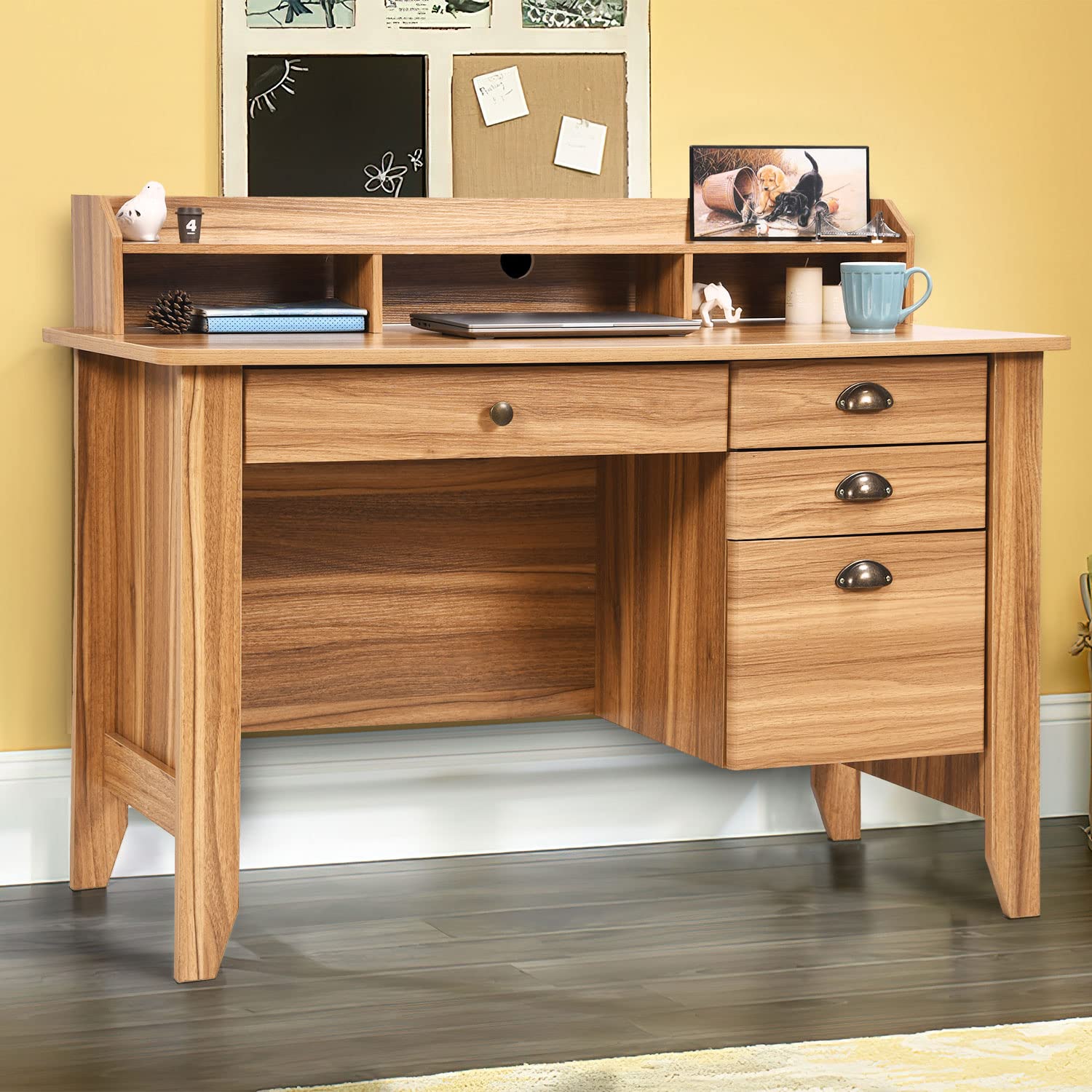 Catrimown Computer Desk with Drawers and Hutch, Farmhouse Home Office Desk Writing Table Wood Executive Desk Student Desk with File Drawer for Small Space, Bedroom, Rustic Oak