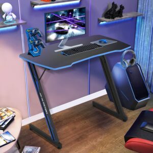 gaming desk 39.4 inch z-shaped computer desk pc computer table home office desk ergonomic gamer workstation with headphone hook, blue