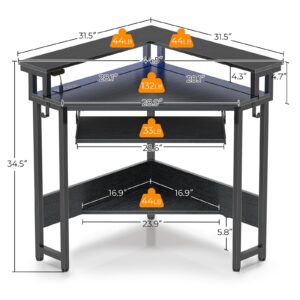 Rolanstar Corner Desk, 44.5" W x 34.5" H Small Computer Desk with Power Outlets, Gaming Desk with LED Lights, Triangle corner desk with Keyboard Tray & Monitor Stand for Small Space, Black