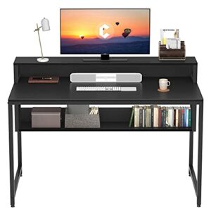 cubiker computer home office desk, 47" small desk table with storage shelf and bookshelf, study writing table modern simple style space saving design, black