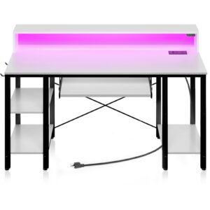 rolanstar computer desk 47 inch with led lights & power outlets, gaming desk with storage shelves, home office desk with keyboard tray, writing desk with monitor stand, study desk, white