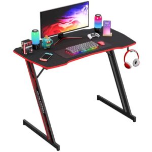 paylesshere 39 inch modern z-shaped computer desk for home office with headphone hook - sturdy workstation table with spacious desktop,red