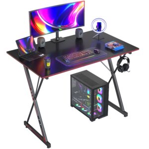 cubicubi gaming desk 40 inch pc computer desk, carbon fiber home office desk table gamer workstation, simple game table with headphone hook, black