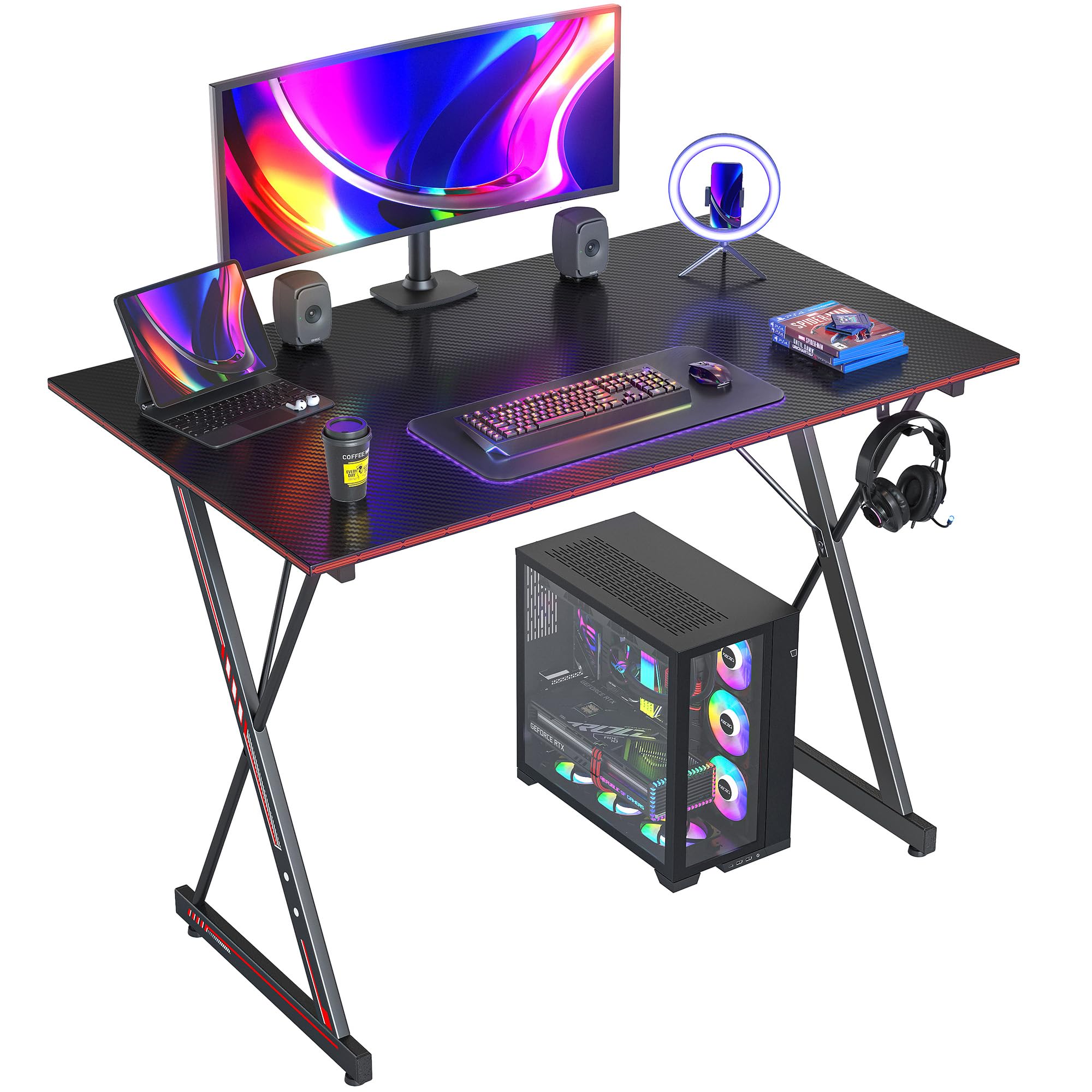 CubiCubi Gaming Desk 40 Inch PC Computer Desk, Carbon Fiber Home Office Desk Table Gamer Workstation, Simple Game Table with Headphone Hook, Black