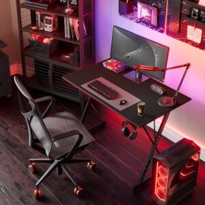 CubiCubi Gaming Desk 40 Inch PC Computer Desk, Carbon Fiber Home Office Desk Table Gamer Workstation, Simple Game Table with Headphone Hook, Black