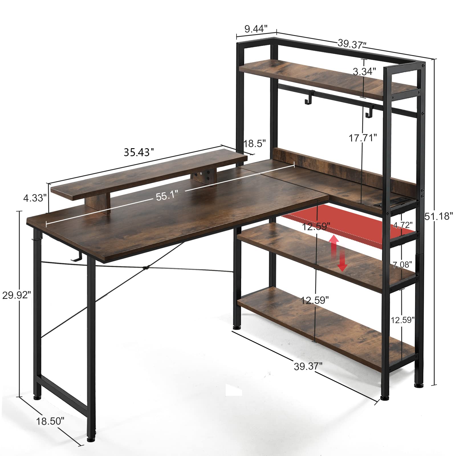 COMHOMA Gaming L Shaped Computer Desk, 55" Home Office Desk with Shelves, L Shape Computer Corner Desk with Charging Port, Gaming Table Power Outlet Build in, LED Writing Desk with Monitor Stand Brown