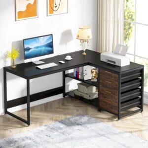 tribesigns l shaped computer desk with storage drawers, 59 inch corner desk with shelves, reversible l-shaped office desk study writing table workstation for home office, black