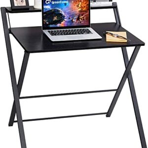 GreenForest Folding Desk No Assembly Required Small Size, 2-Tier Foldable Computer Desk with Shelf for Home Office, Space Saving Portable Laptop Study Foldable Table for Small Spaces, Black