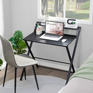 GreenForest Folding Desk No Assembly Required Small Size, 2-Tier Foldable Computer Desk with Shelf for Home Office, Space Saving Portable Laptop Study Foldable Table for Small Spaces, Black