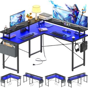 armocity l shaped computer desk with power outlets, gaming desk l shaped with led lights, corner desk with storage shelves, work study desk for bedroom, home office small spaces, 47'', black