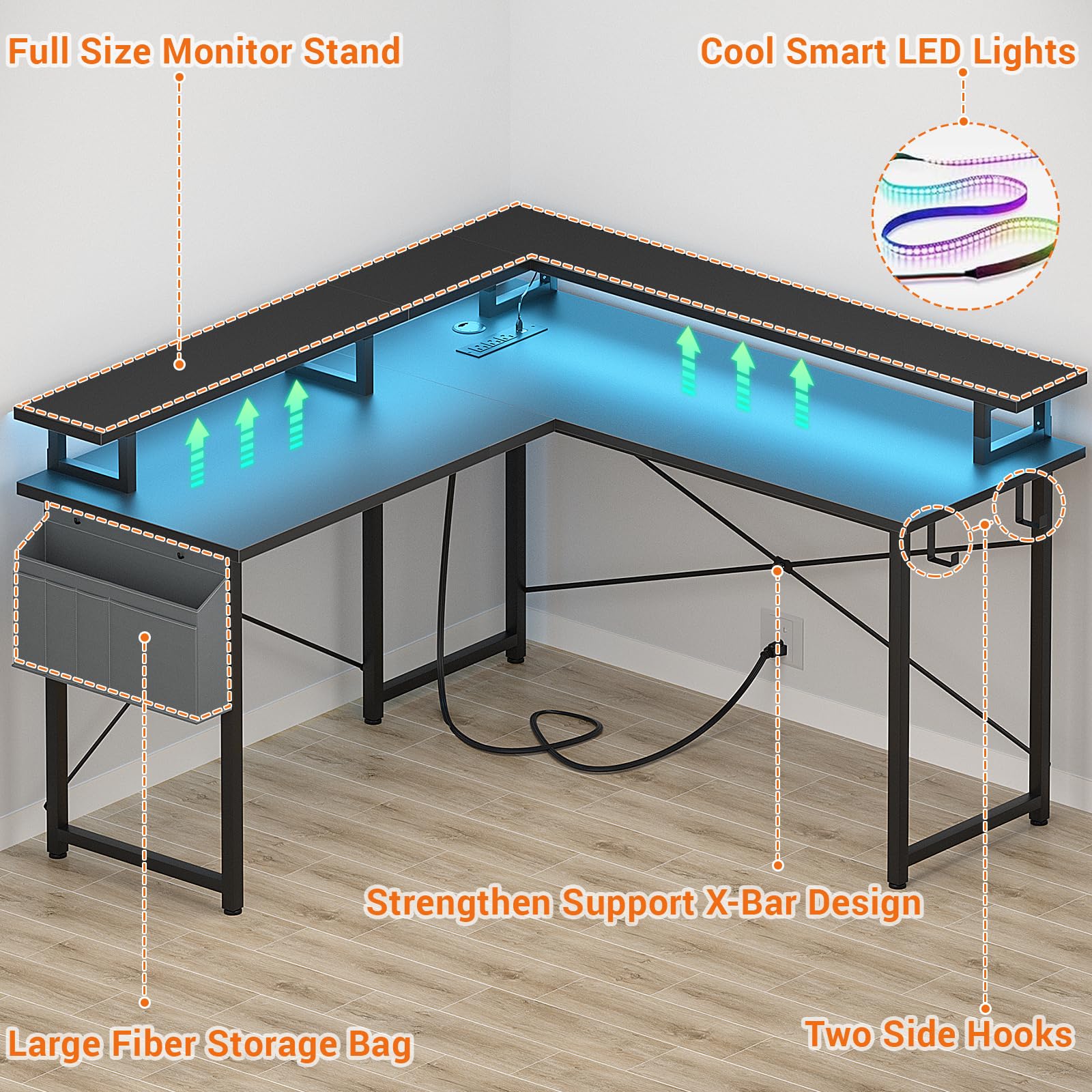 armocity L Shaped Computer Desk with Power Outlets, Gaming Desk L Shaped with LED Lights, Corner Desk with Storage Shelves, Work Study Desk for Bedroom, Home Office Small Spaces, 47'', Black