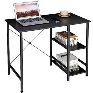 zeny small computer desk with storage shelves, 36” sturdy home office writing desk/laptop pc workstation desk, metal frame computer table, black