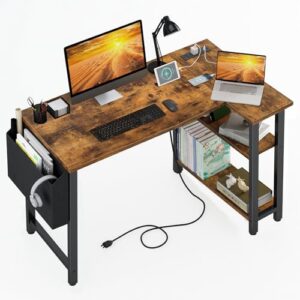 lufeiya small l shaped desk with power outlet shelves, 40 inch corner desk for small space home office, l-shaped computer desk pc desks with charging station, rustic brown