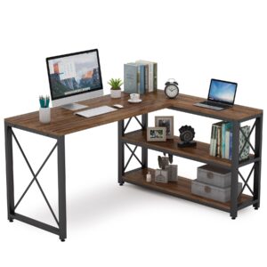 tribesigns reversible industrial l-shaped desk with storage shelves, corner computer desk pc laptop study table workstation for home office small space (brown, 53")