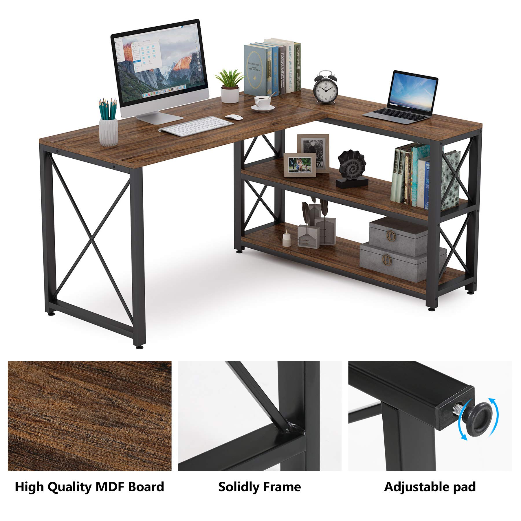 Tribesigns Reversible Industrial L-Shaped Desk with Storage Shelves, Corner Computer Desk PC Laptop Study Table Workstation for Home Office Small Space (Brown, 53")