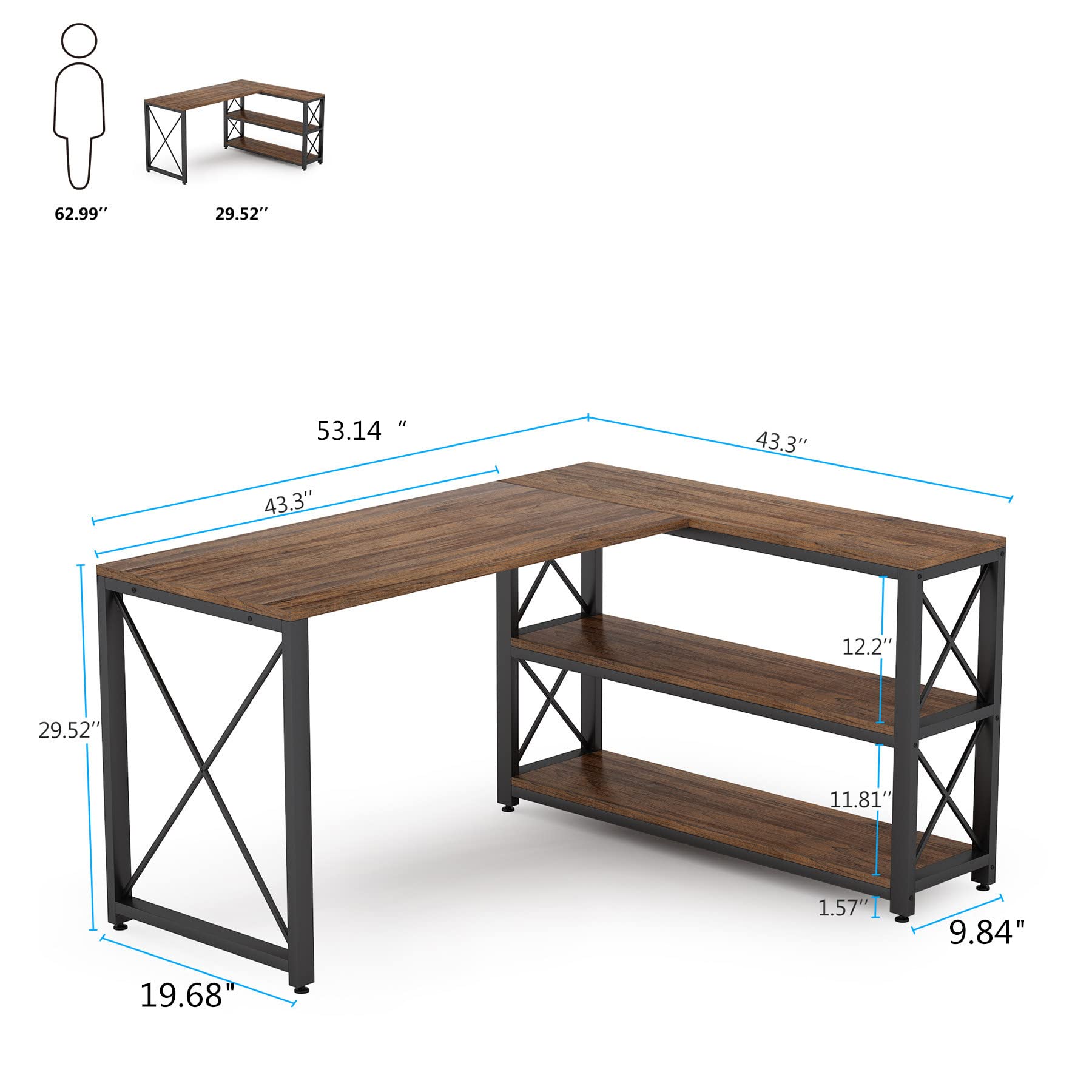 Tribesigns Reversible Industrial L-Shaped Desk with Storage Shelves, Corner Computer Desk PC Laptop Study Table Workstation for Home Office Small Space (Brown, 53")