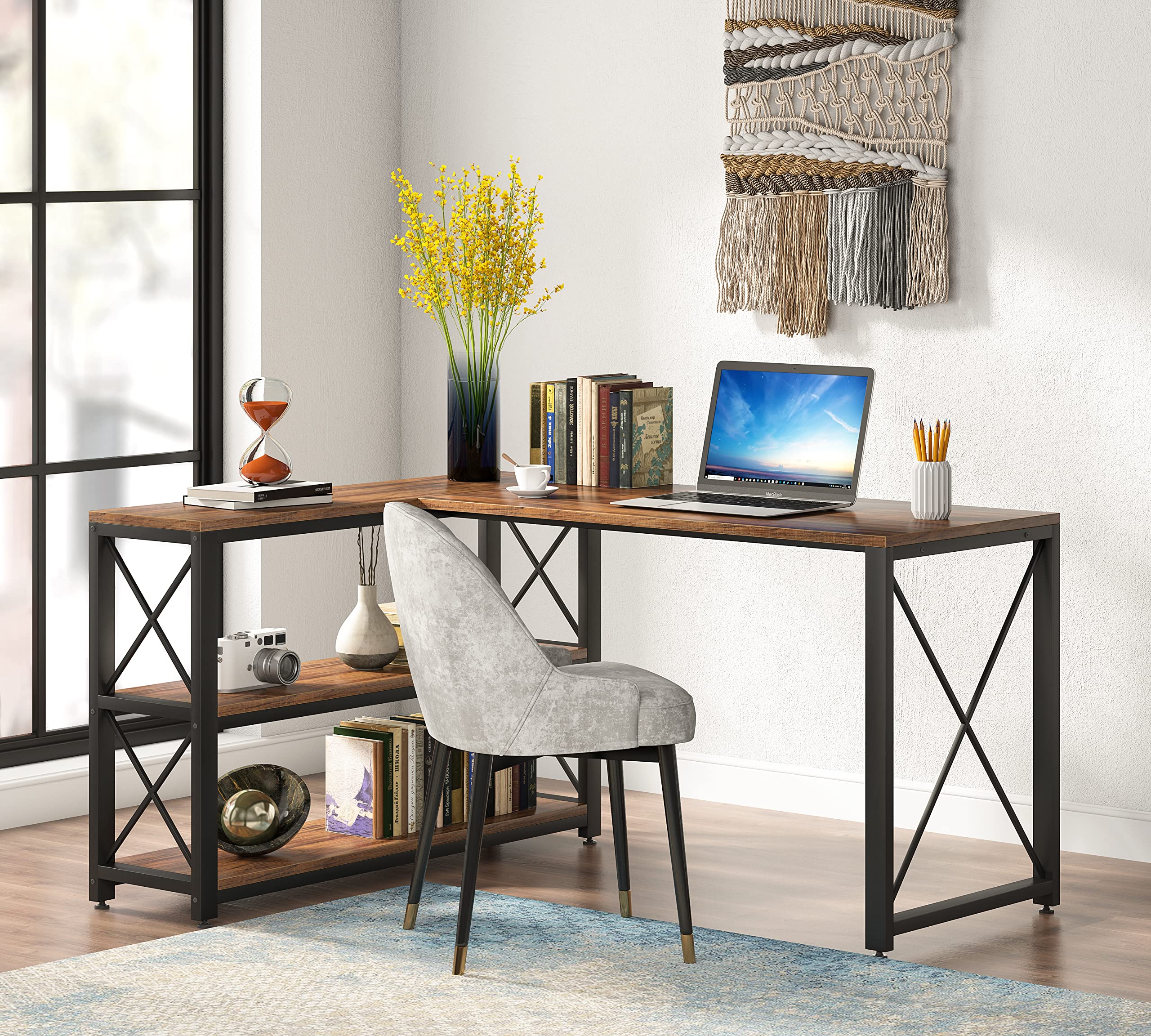 Tribesigns Reversible Industrial L-Shaped Desk with Storage Shelves, Corner Computer Desk PC Laptop Study Table Workstation for Home Office Small Space (Brown, 53")