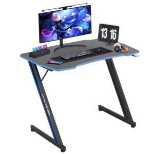 mghh 39 inch gaming desk computer desk home office desk z shaped ergonomic simple pc workstaion gaming table with carbon fibre surface headphone hook adjustable leveling foot for gamer player,blue