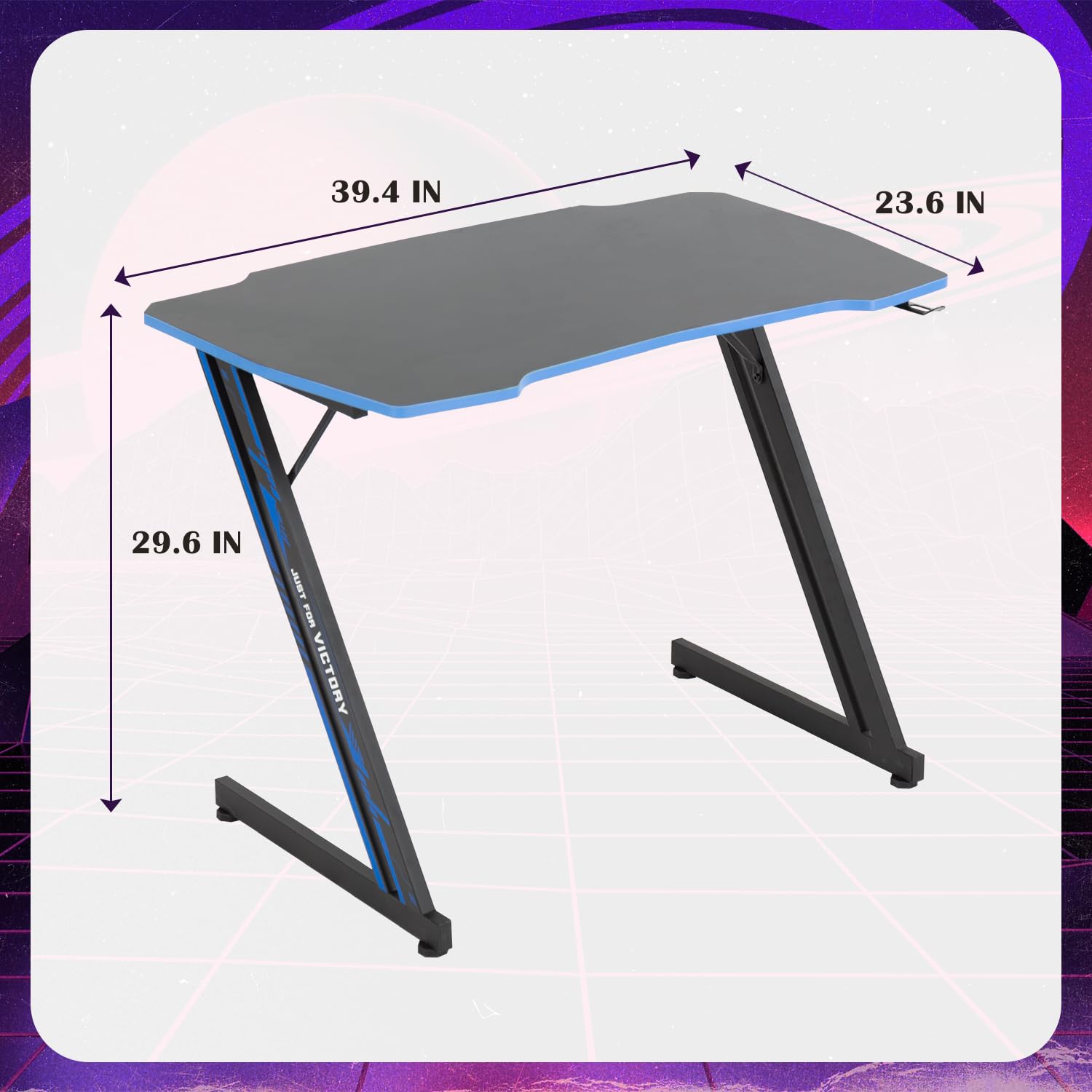 MGHH 39 Inch Gaming Desk Computer Desk Home Office Desk Z Shaped Ergonomic Simple PC Workstaion Gaming Table with Carbon Fibre Surface Headphone Hook Adjustable Leveling Foot for Gamer Player,Blue