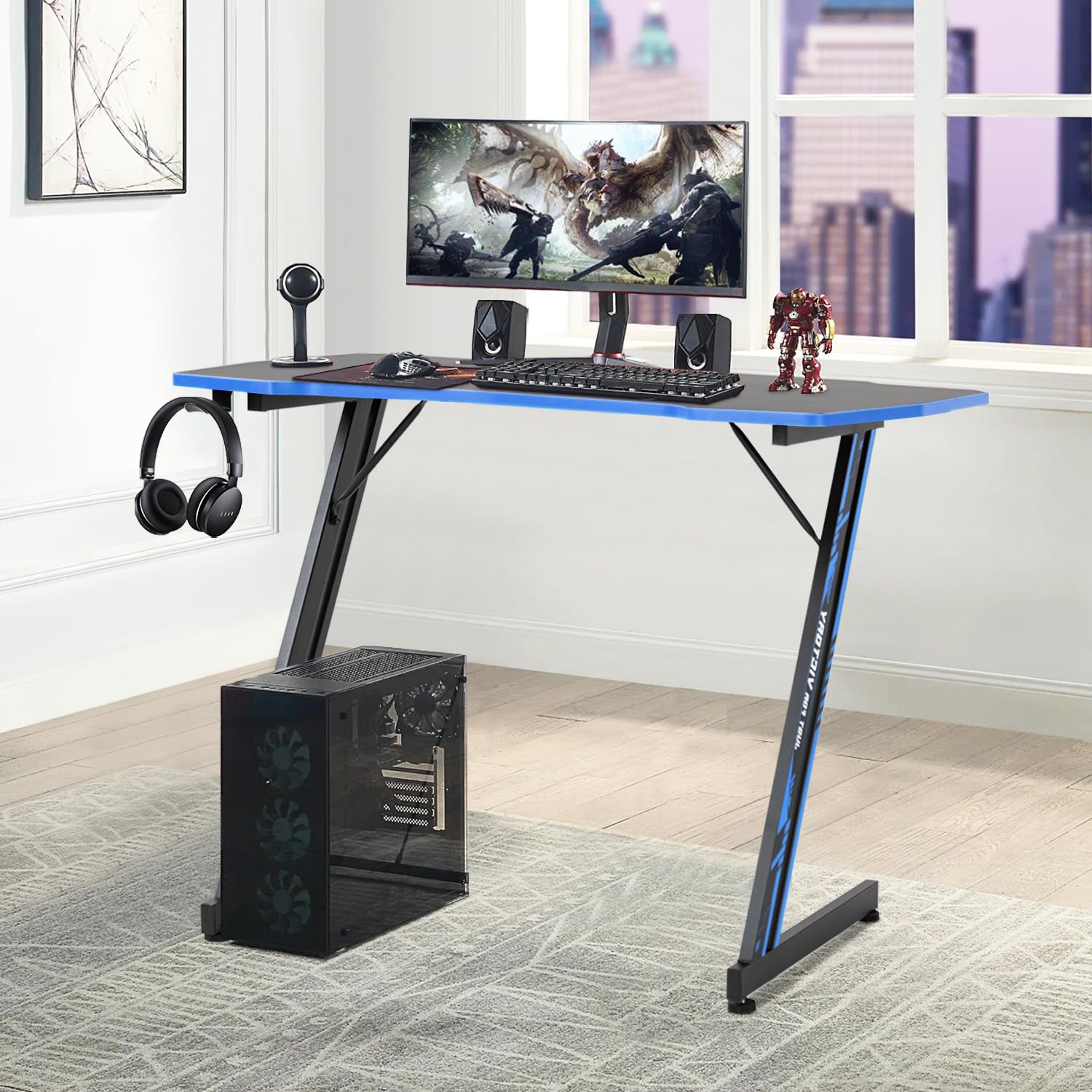 MGHH 39 Inch Gaming Desk Computer Desk Home Office Desk Z Shaped Ergonomic Simple PC Workstaion Gaming Table with Carbon Fibre Surface Headphone Hook Adjustable Leveling Foot for Gamer Player,Blue