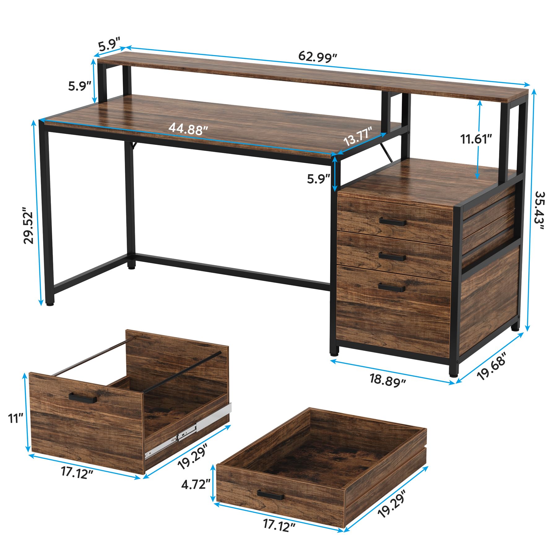 Tribesigns 63 Inch Computer Desk with File Drawer Cabinet, Ergonomic Office Desk with Monitor Stand, Industrial Computer Table with Printer Space, Wood PC Table Workstation Desk for Home Office