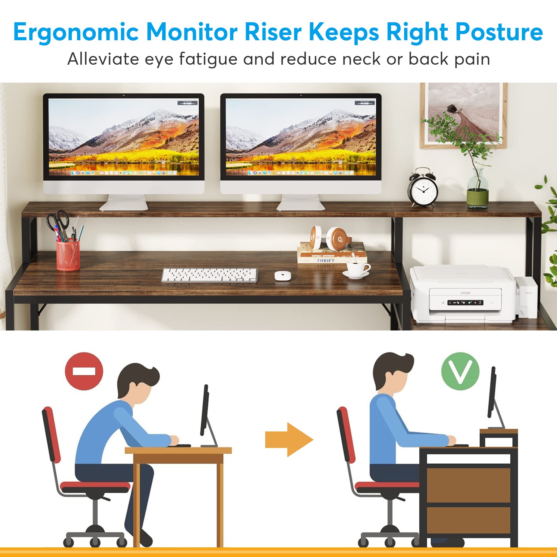 Tribesigns 63 Inch Computer Desk with File Drawer Cabinet, Ergonomic Office Desk with Monitor Stand, Industrial Computer Table with Printer Space, Wood PC Table Workstation Desk for Home Office