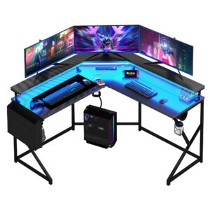 wood-it computer desk for gaming-51 inch l shaped corner, home office writing table with led lights, power outlets, monitor stand, cup holder, carbon fiber surface, 51 inch, black