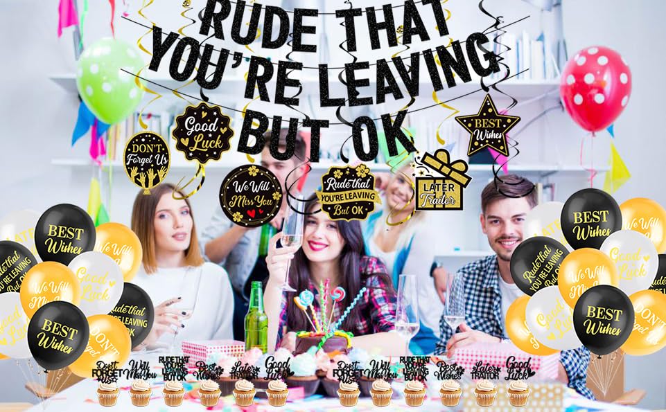 Rude That You're Leaving But OK Banner Cake Toppers Balloons Hanging Swirls, Black Coworker Leaving Decorations, RDTZ Office Coworker Goodbye Party Going Away Farewell Leaving Job Party Decorations