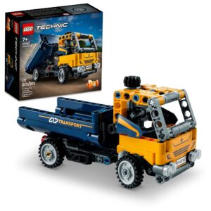 lego technic dump truck 2 in 1 building set, engineering toy for back to school, buildable construction vehicle or excavator digger model, back to school gift for kids ages 7 and up, 42147