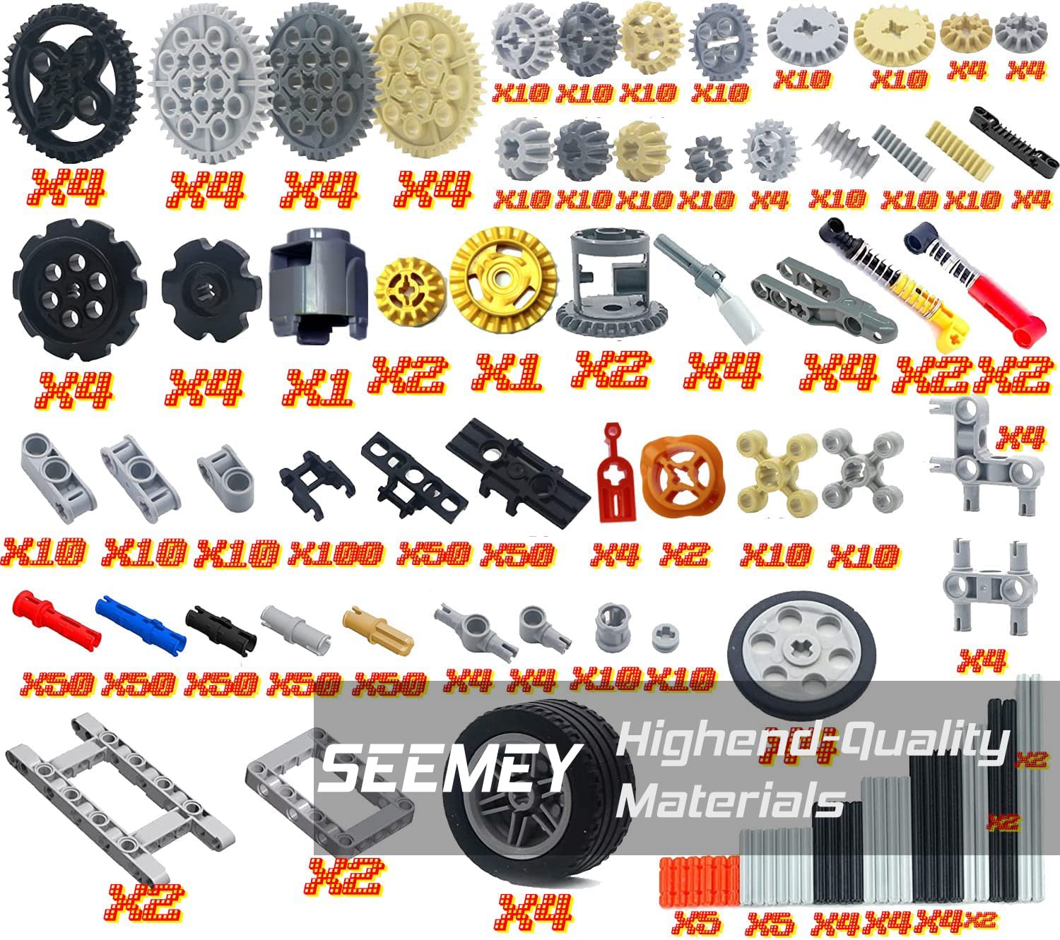 844Pcs Pins-Gears-Axles set Compatible with mainbrands-Technical-Parts, latest differentials Chain Link Connector Joints Tank Track Car-Wheels-Tires Shock-Absorber Steering Shaft