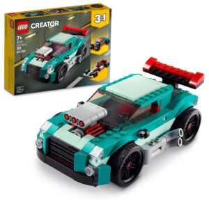 lego creator 3 in 1 street racer car, rebuildable kit transforms to a muscle car, hot rod, or race car toy, great model car toy gift for boys and girls age 7+ years old, 31127